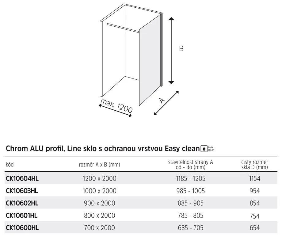 Mereo Novea sprchová stěna WALK IN 90 x 200 cm sklo Line ALU chrom CK10602HL
