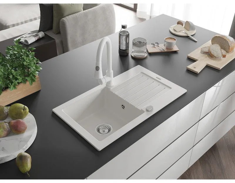 Mexen Pablo, 1-komorový granitový dřez 752x436x161 mm a dřezová baterie Elia, bílá, 6510-20-670101-20