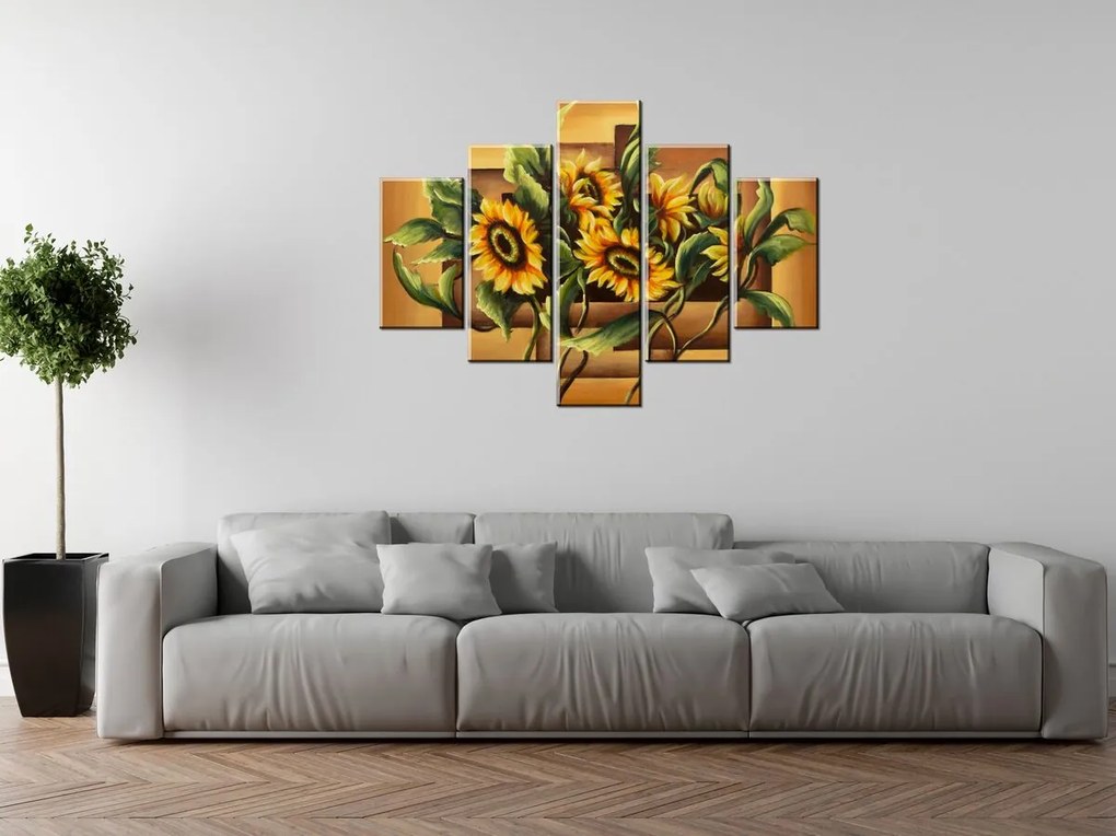 Gario Ručně malovaný obraz Kompozice Slunečnice - 5 dílný Rozměry: 100 x 70 cm