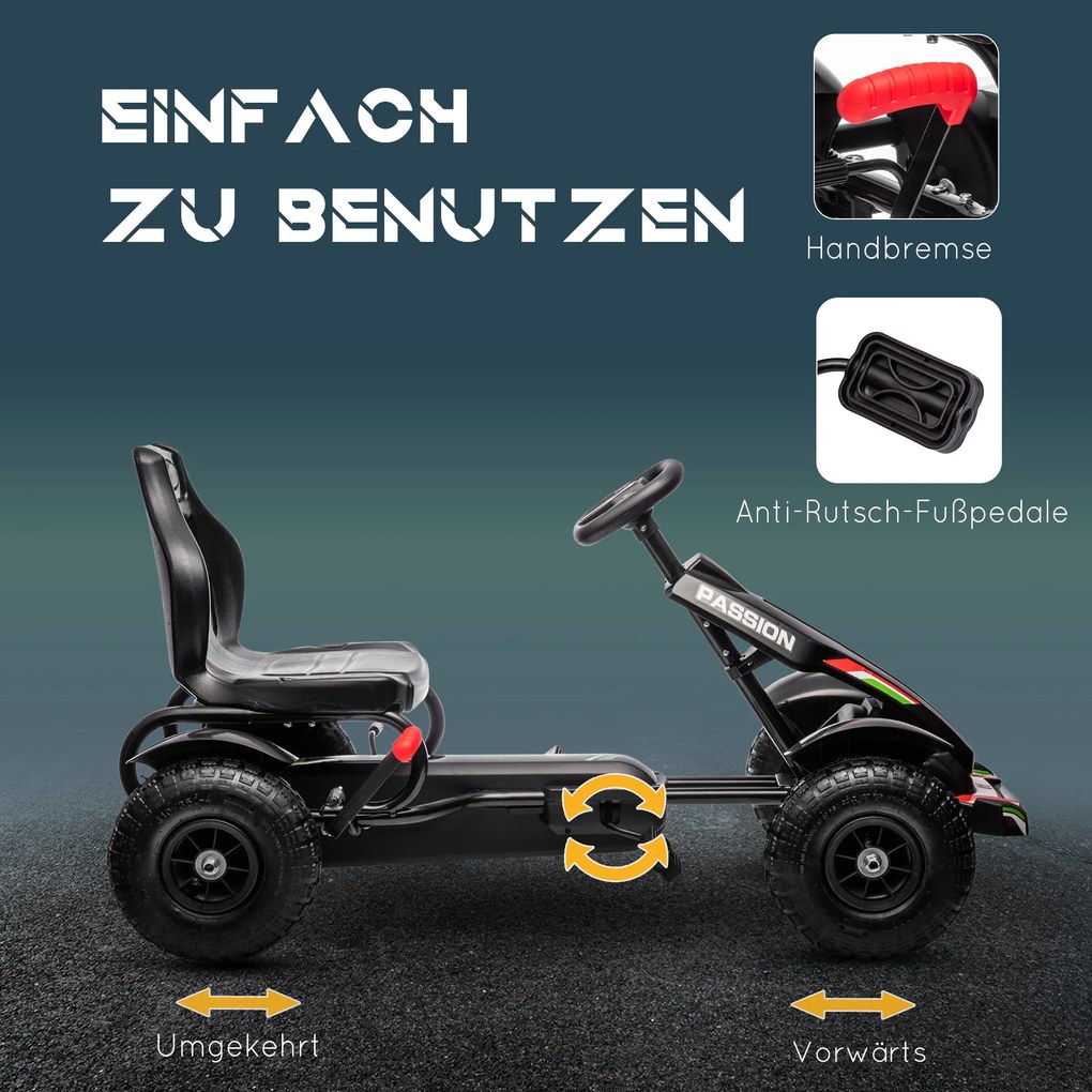HOMCOM GoKart, šlapací auto, šlapací auto s ruční brzdou, dětské vozidlo s nastavitelným sedadlem, šlapací, kettcar pro 5-12 let, černá | Aosom