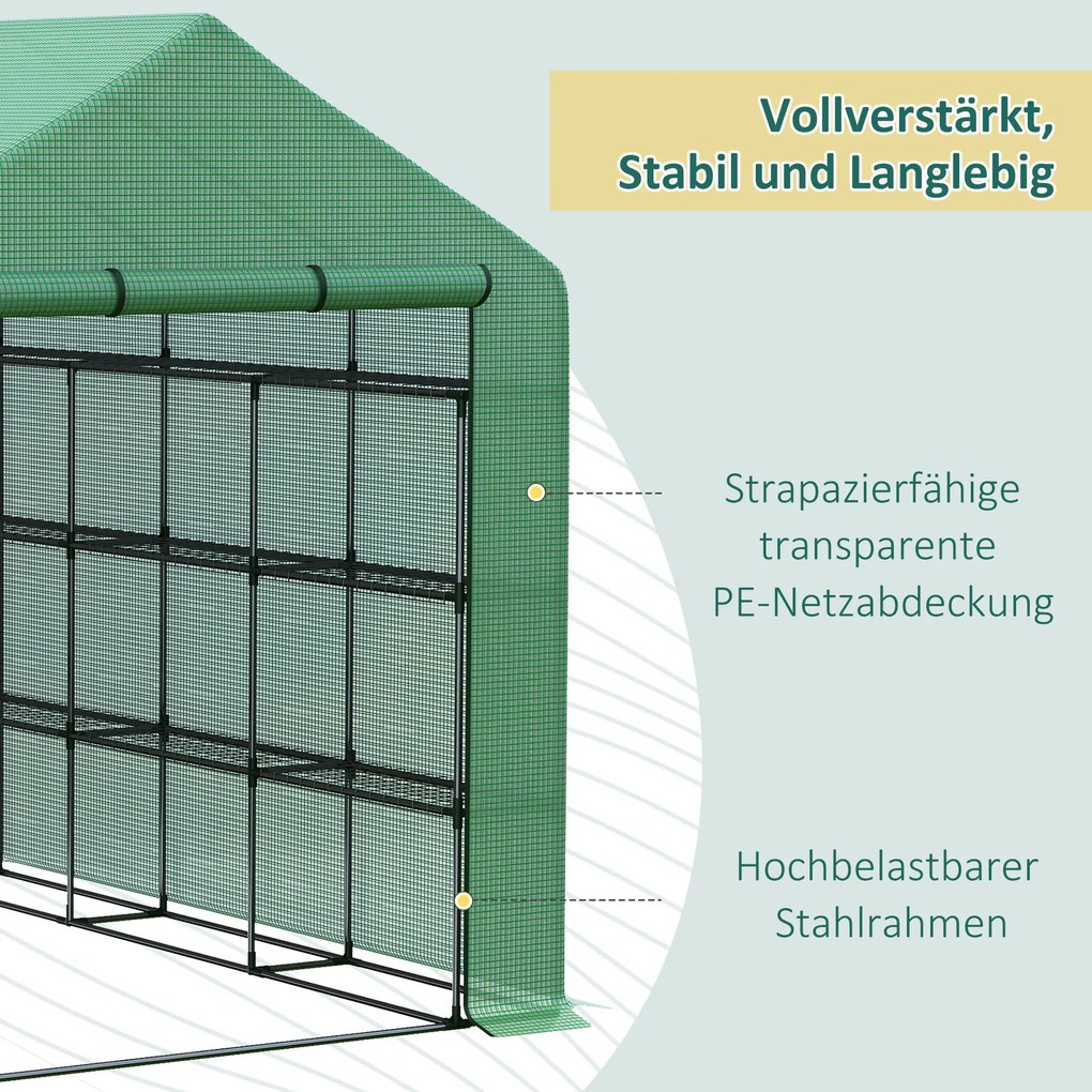 Outsunny Skleník s 8 policemi Skleník na rajčata Skleníkový chladicí rám s dveřmi Zelený ocelový PE plast 244 x 180 x 210 cm