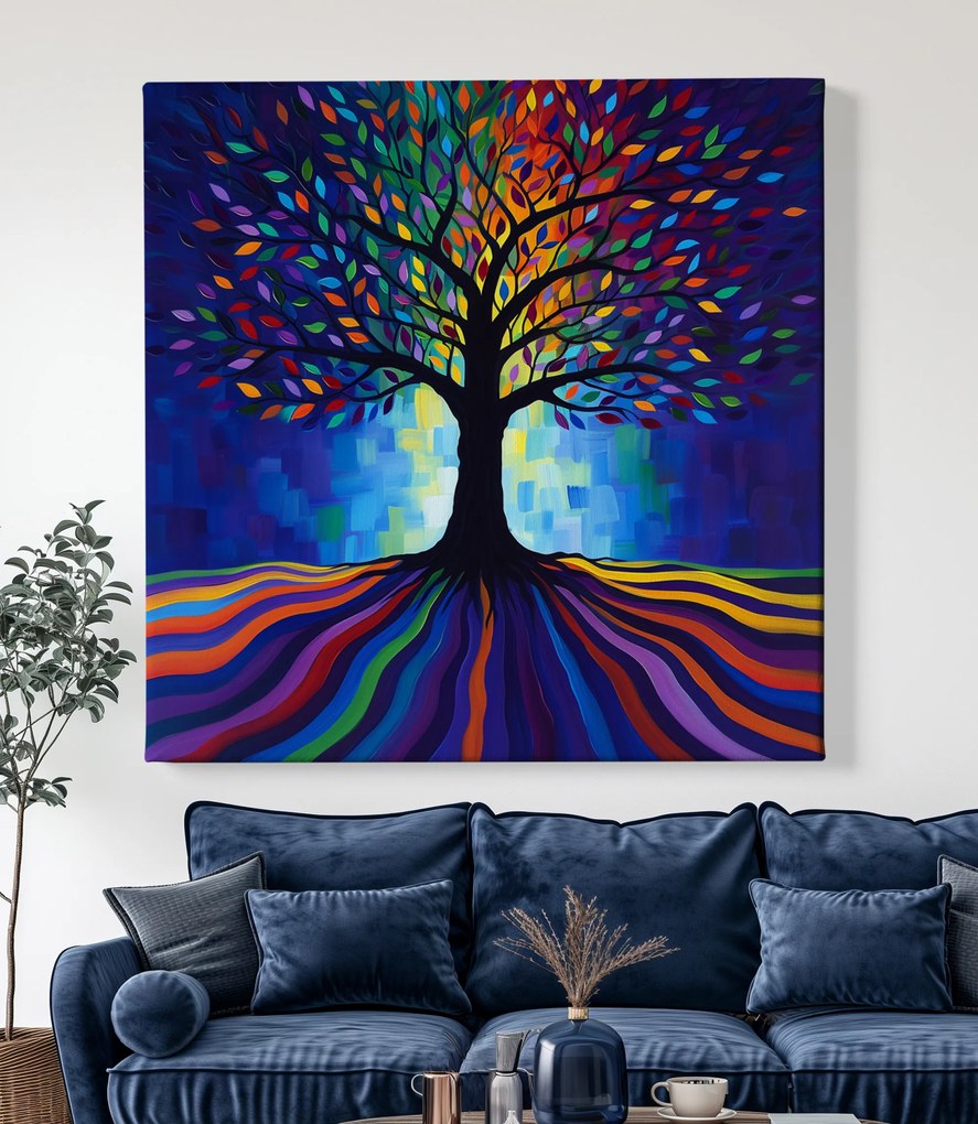 Obraz na plátně - Strom života Duhové kořeny FeelHappy.cz Velikost obrazu: 80 x 80 cm