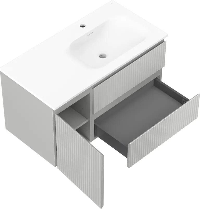 Mexen Rivel, koupelnová skříňka 90 cm s pravým umyvadlem Vela, 2S, 1D, drážkovaná, šedá matná/bílá matná - 91A23-09047-3-BBFFF62-W23P01