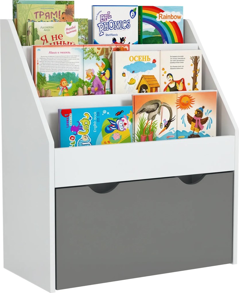 AIYAPLAY dětský regál pro 3-8 let s 3 policemi a spodní zásuvkou, z MDF, 62,5x30x70 cm, šedý