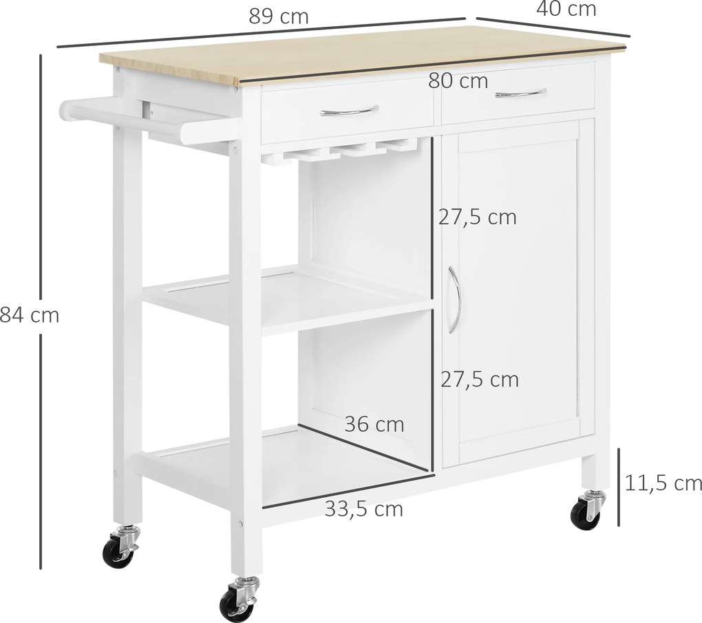 HOMCOM Kuchyňský Vozík Multipurpose Služební Vozík S Regály A Kolečky Do Koupelny A Ložnice Se Šuplíkem A Skříňkou 89x40x84cm