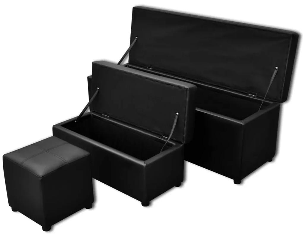 Černé koženkové úložné lavice s taburetem, sada 3 ks,  241106