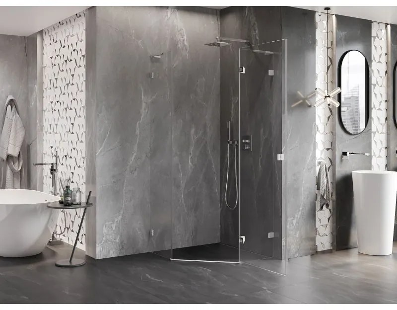 Mexen Lunar, L pravý výklopný pětiúhelníkový sprchový kout 80 x 80 cm, 8mm čiré sklo, chromový profil, 831L-080P-080L-01-00-P