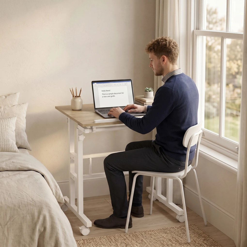 HOMCOM sedací‑stojací stůl výškově nastavitelný 70 x 60 cm na kolečkách s naklápěcí deskou, kovový rám, hnědý