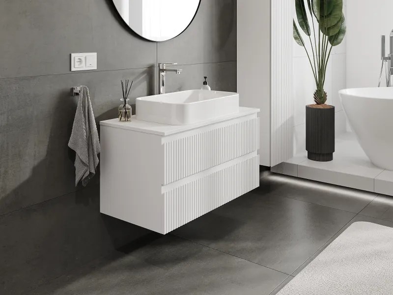 Mexen Rivel, koupelnová skříňka 90 cm, 2 zásuvky, drážkovaná, bílá matná, 91A20-09047-2-BFF01