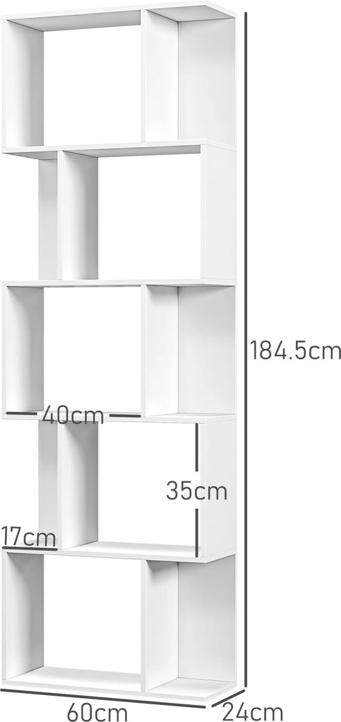 HOMCOM 5-patrový rozdělený regál, úsporný S-tvarovaný dřevěný paravan pro obývací pokoj, ložnici a kancelář, 60x24x184,5 cm, bílý