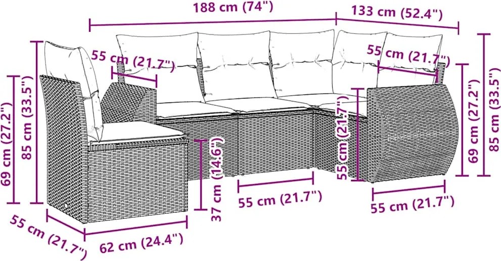 5dílná zahradní sedací souprava a podušky světle šedá polyratan 3221371
