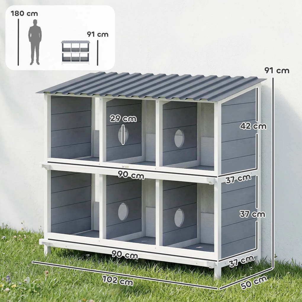 PawHut Hnízdo pro kuřata, vyvýšené dřevěné hnízdo pro kuřata se 6 přihrádkami, 2 bidýlka pro kurník pro malá zvířata 102 x 50 x 91 cm, šedá barva