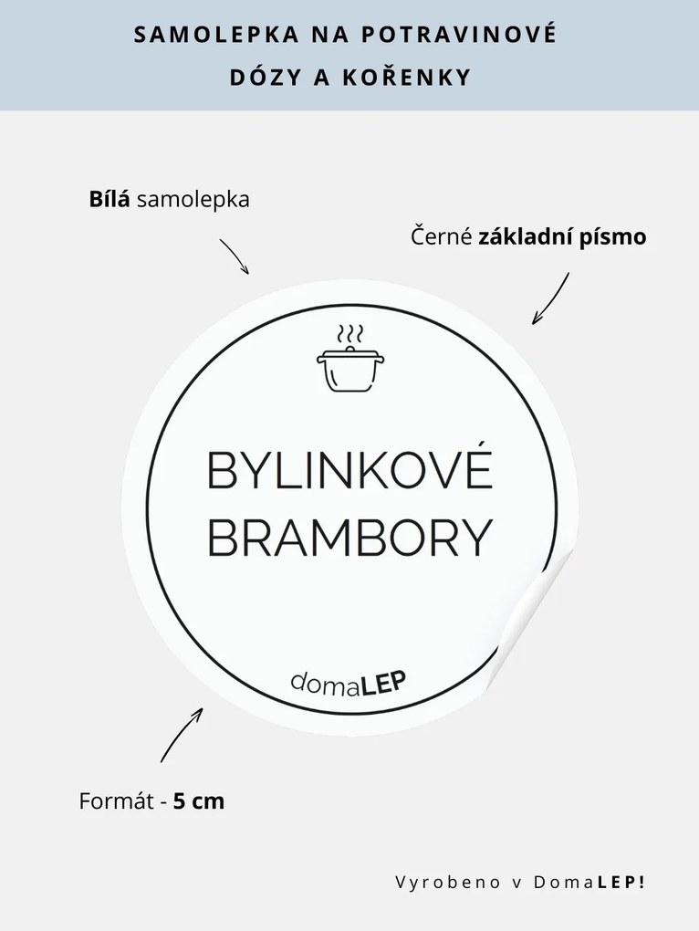 Samolepka na kořenky BYLINKOVÉ BRAMBORY bílá 5 cm základní písmo