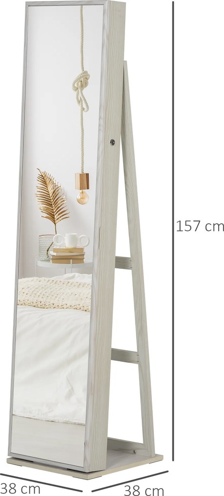 HOMCOM šperkovnice se zrcadlem na stojanu, několik úložných možností a LED osvětlení, bílá, rozměry: 38Š x 38H x 157V cm