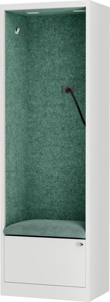 Kancelářská akustická kabina se sedátkem a USB-C portem, korpus bílý / sedák zelený, 600 mm: SALLY MentalBox