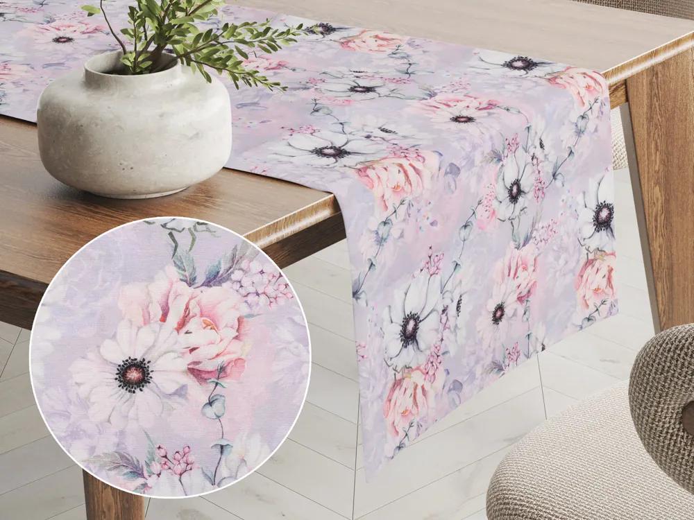 Biante Dekorační běhoun na stůl PML-068 Růžové květy na šedofialovém 35x180 cm