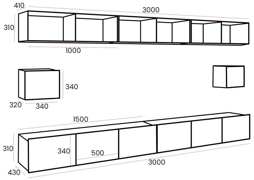 GAB Obývací stěna LORONA 34, Bílá/Zlatý dub 300 cm