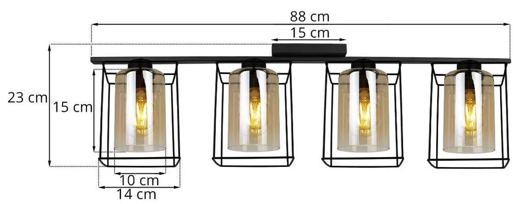 Stropní svítidlo HELLA CAGE, 4x medové skleněné stínítko v kovovém rámu