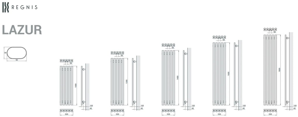 Regnis Lazur LA, topné těleso 330x1600mm se středovým připojením 50mm, 628W, černá matná, LAZURLA/1600/330/D5/BLACK
