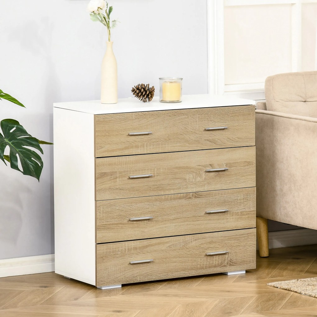 HOMCOM Komoda se 4 šuplíky - Moderní pomocný úložný kabinet do ložnice, chodby nebo obývacího pokoje, 76x35x72 cm, dub a bílá
