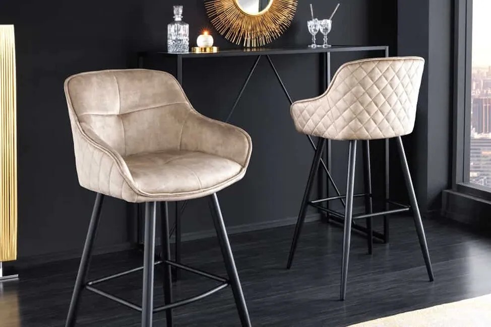 Designová barová židle s područkami Euphoria šampaňská greige samet