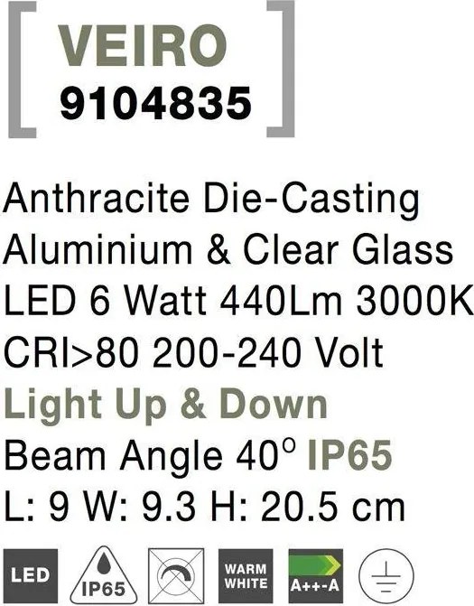 NV 9104835 Venkovní nástěnné svítidlo VEIRO antracitový hliník a čiré sklo LED 6W 3000K 200-240V IP65 světlo nahoru a dolů 40st. - NOVA LUCE