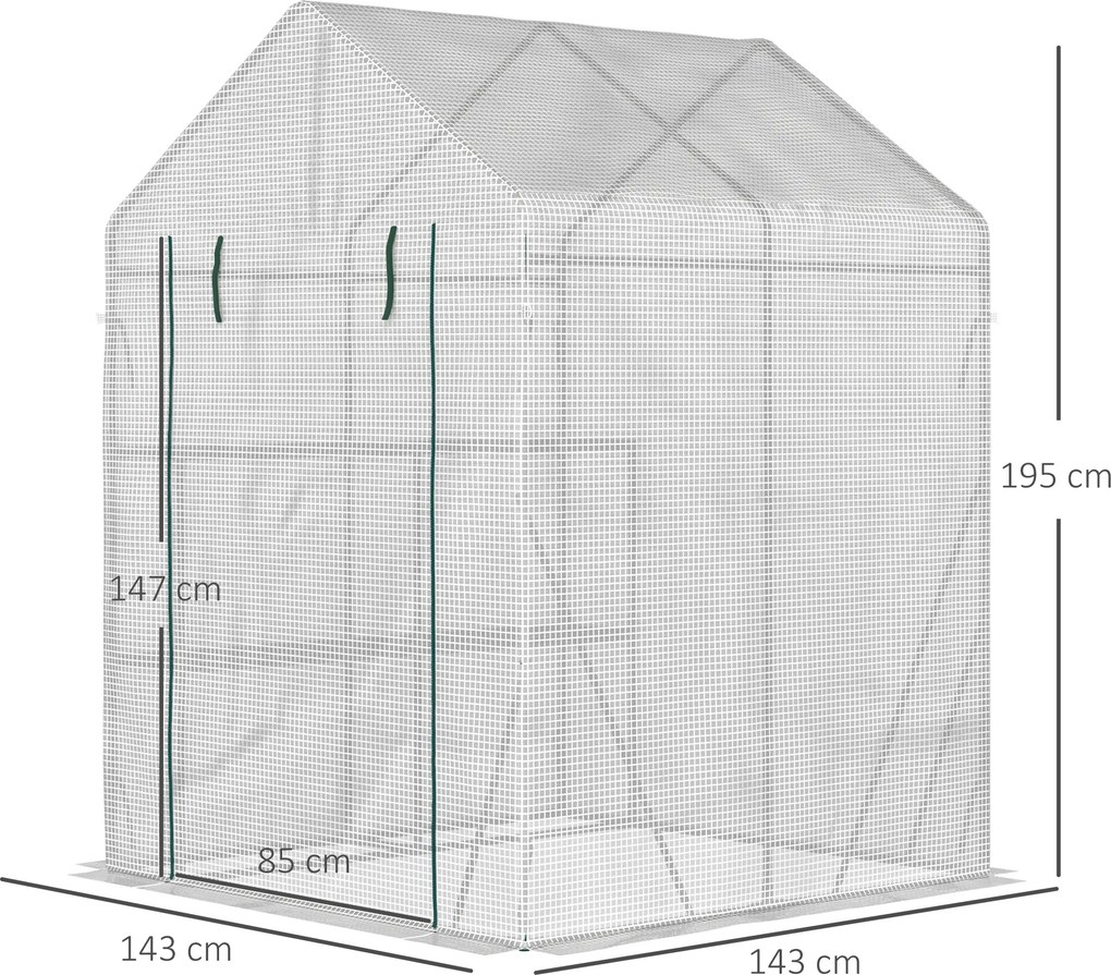 Outsunny Fóliový skleník Walk-in se 4 policemi Skleník na rajčata Skleník se studeným rámem Bílý PE 143x143x195cm pro zahradu a rostliny | Aosom.de