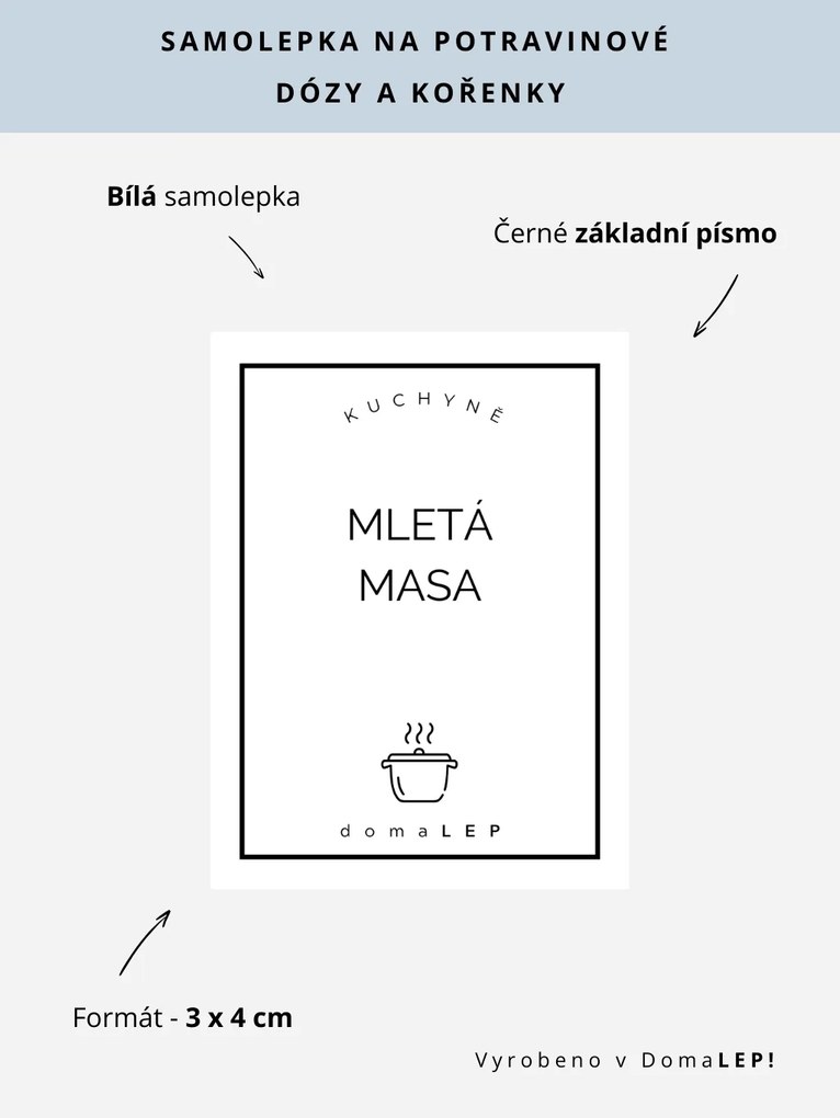 Samolepka na kořenky MLETÁ MASA bílá 3 × 4 cm základní písmo