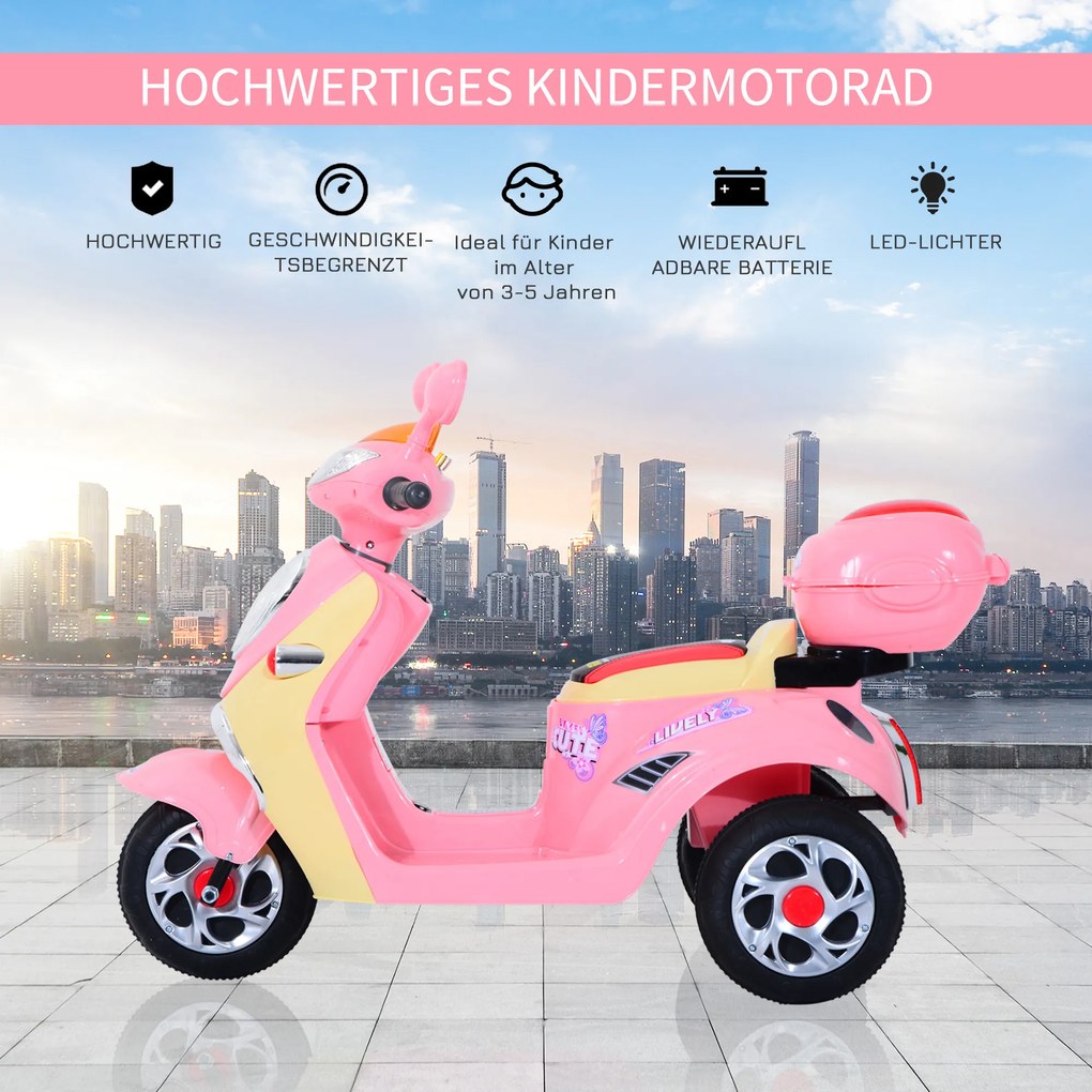 HOMCOM dětská elektrická motorka dětské elektrické auto dětské vozidlo tříkolka, 6V, kov+PP, 108x51x75cm (růžová+žlutá)