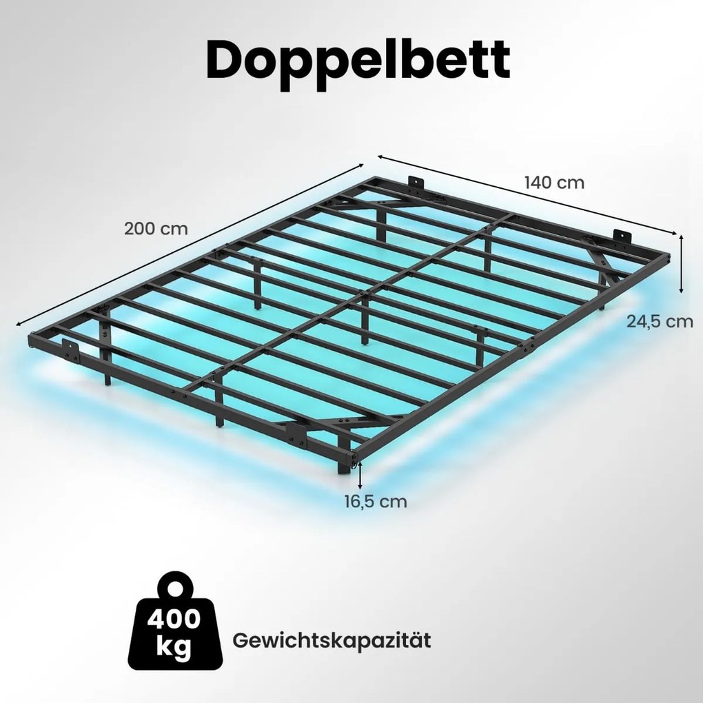 Costway Rám dvoulůžka plovoucí postel s LED světly moderní rám z kovu černé