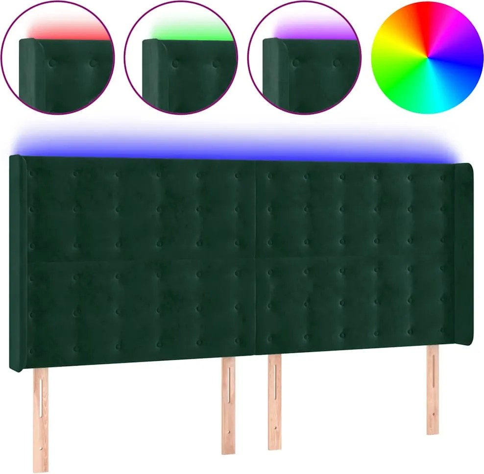 Čelo postele s LED tmavě zelené 203 x 16 x 118/128 cm samet 3124551