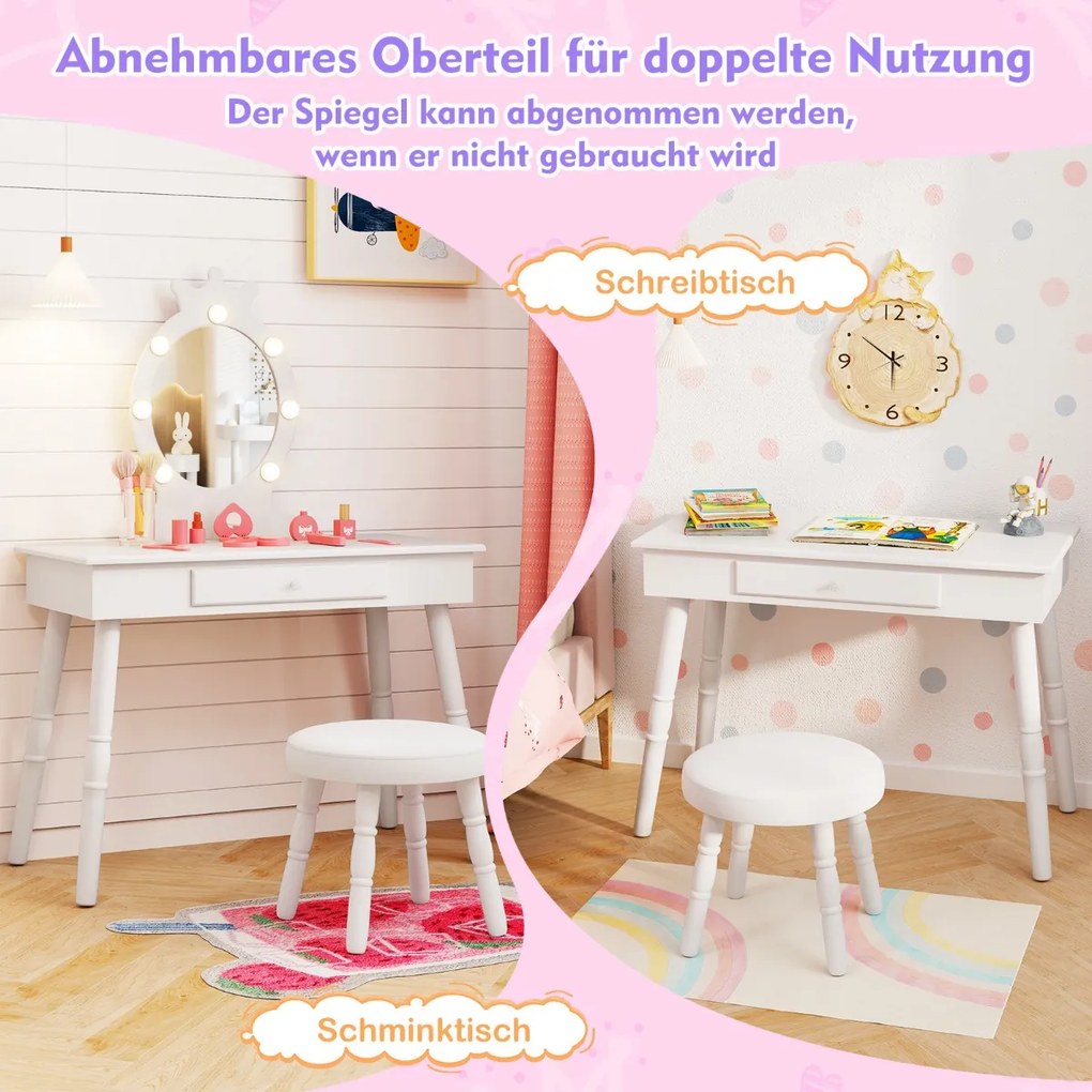 Costway Toaletní stolek pro děti s osvětlením 2 v 1 Princess s – bílý