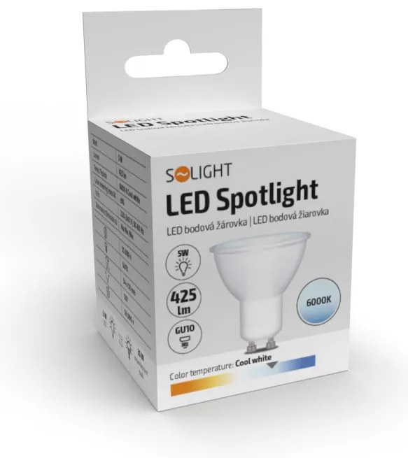 Solight LED žárovka, bodová , 5W, GU10, 6000K, 425lm, bílá