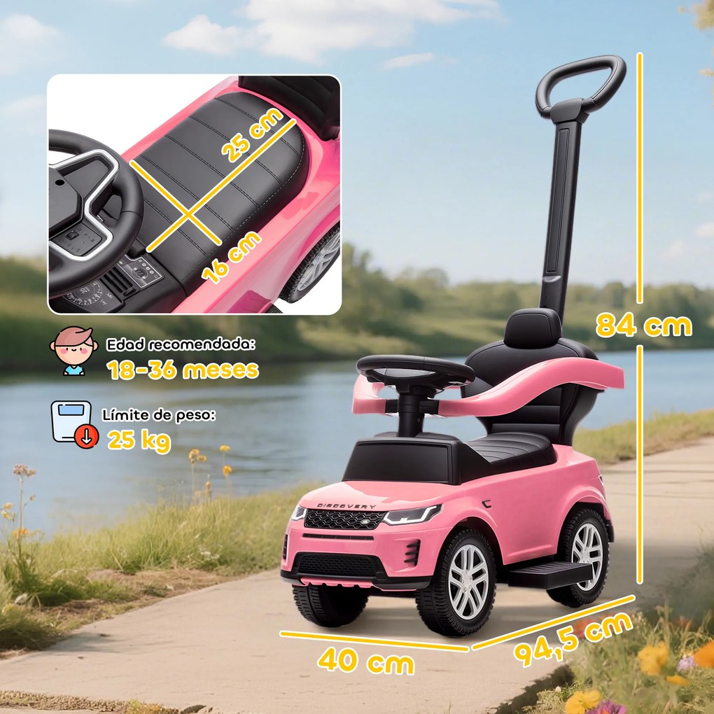 AIYAPLAY 2v1 chodítko LAND ROVER DISCOVERY (18–36 měsíců) – úložný prostor, klakson, odnímatelná bezpečnostní tyč, růžová