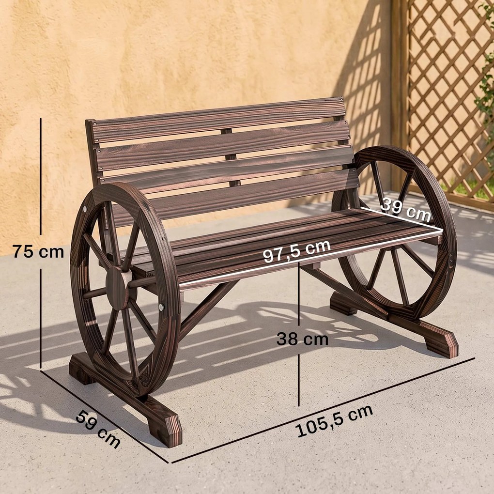 Outsunny Zahradní Lavice Dřevěná Rustikální Lavice s Kolečkovými Opěrkami Wagon Wheel Lavice Venkovní Lavice Terasová Lavice Parková Lavice z Masivní…