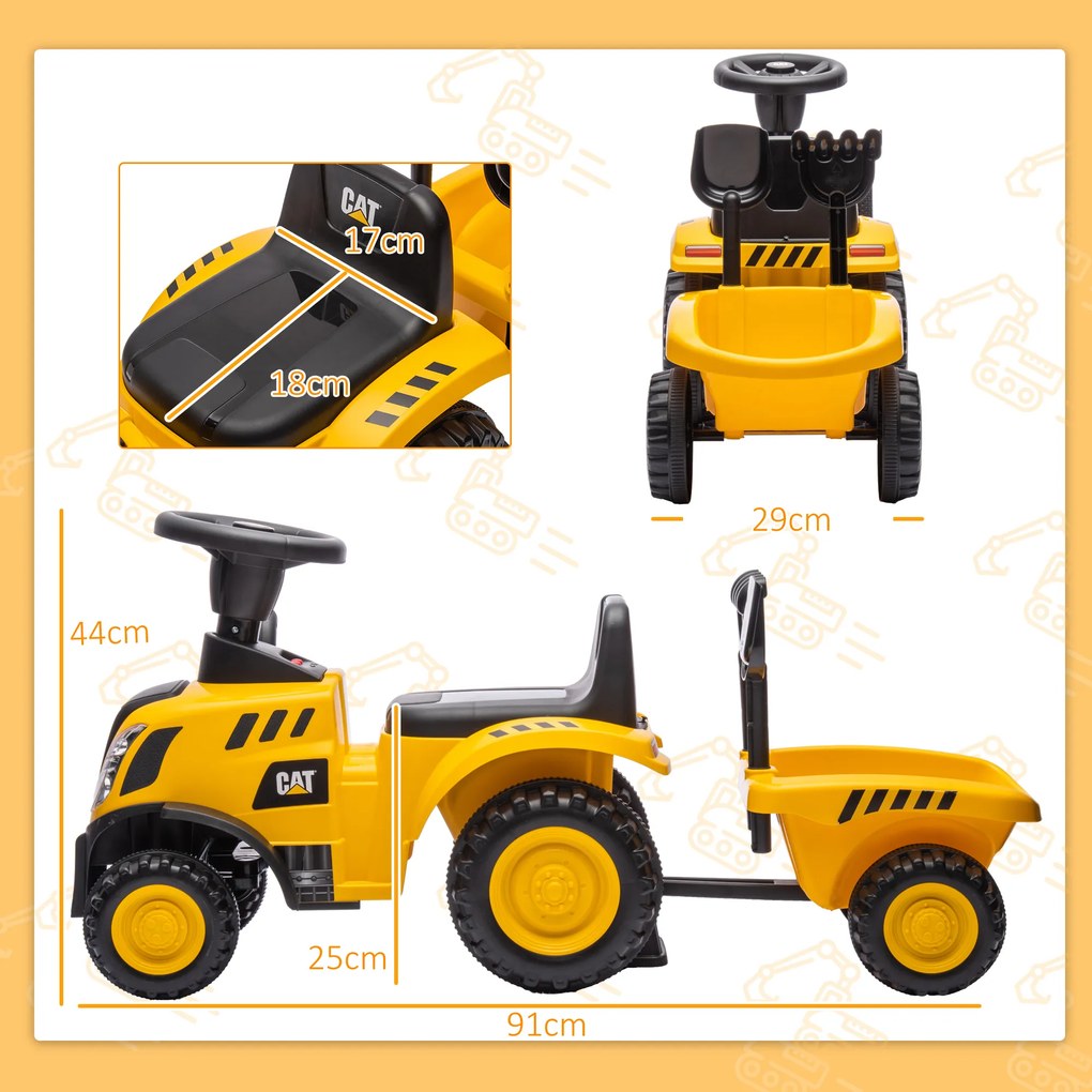 Dětský toy truck AIYAPLAY 12-36 měsíců s integrovanou lopatou a přívěsem, jezdicí rypadlo pro děti z PP a kovu, 91x29x44 cm, Žluté