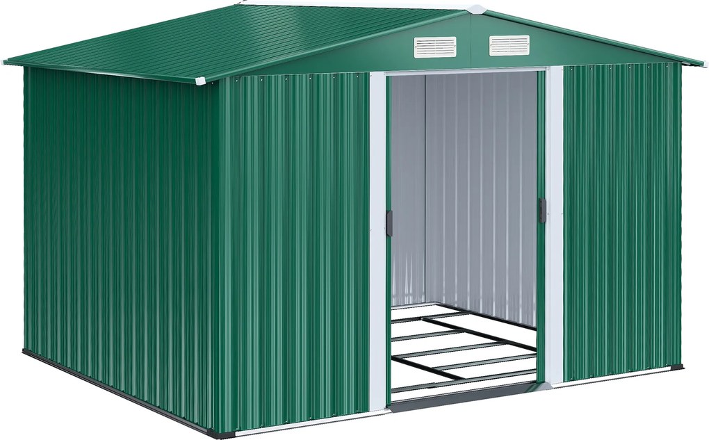 Zahradní kůlna Outsunny 258x206x178 cm 5.3m² s posuvnými dveřmi a ventilací pro ukládání zahradních nástrojů Zelená | Aosom