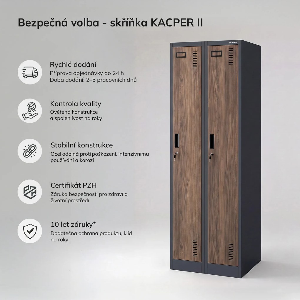 Dvoukomorová zaměstnanecká skříňka antracitová, ořech, 600x1800x500 mm: KACPER II Eco Design