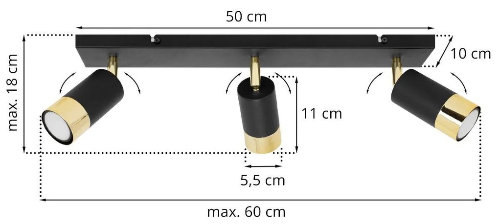 Stropní svítidlo HUGO, 3x černé/zlaté kovové stínítko, (možnost polohování)