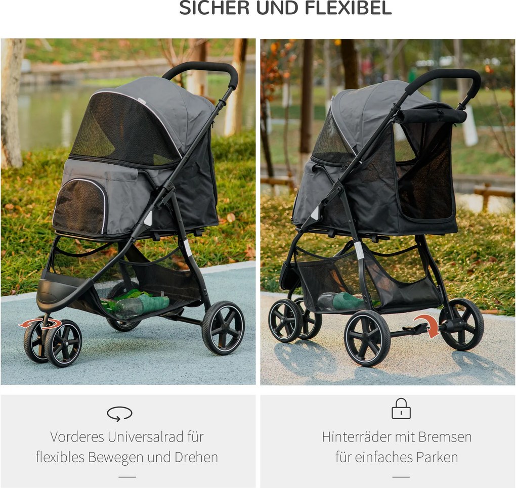 PawHut kočárek pro domácí mazlíčky skládací s pláštěnkou a bezpečnostním vodítkem, úložný koš pro malé psy, Oxford grey | Aosom.de