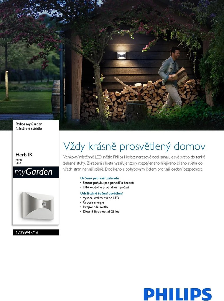 LED Venkovní nástěnné svítidlo Philips Herb s pohybovým čidlem 17299/47/16 chromové 2700K