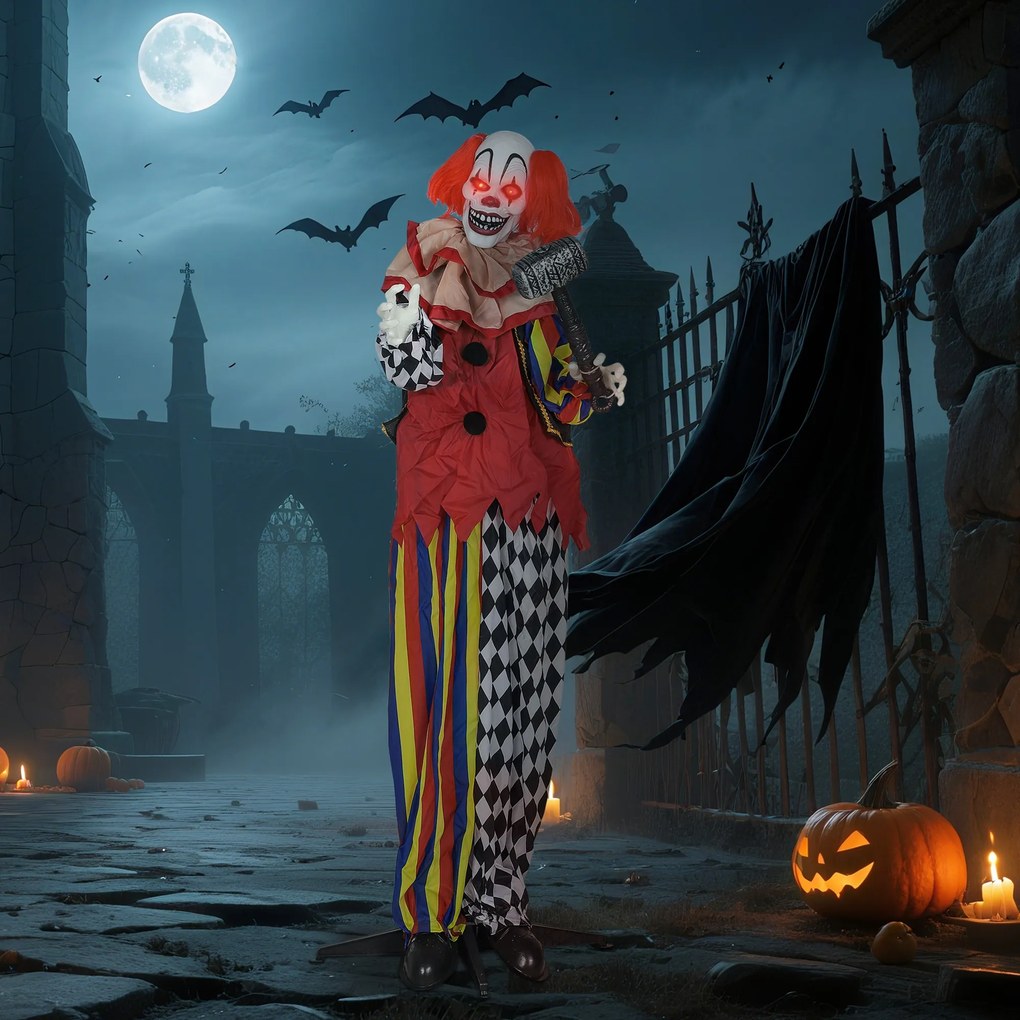Outsunny Hrůzostrašný klaun, animatronika na Halloween, 173 cm, svítící oči, aktivace zvukem, pohyblivé paže a hlava, na baterie, plast, kov, červená