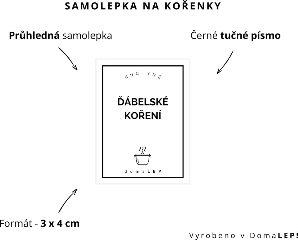 ĎÁBELSKÉ KOŘENÍ - Samolepka na kořenky 3 x 4 cm - DomaLEP varianta: PRŮHLEDNÁ - tučné písmo