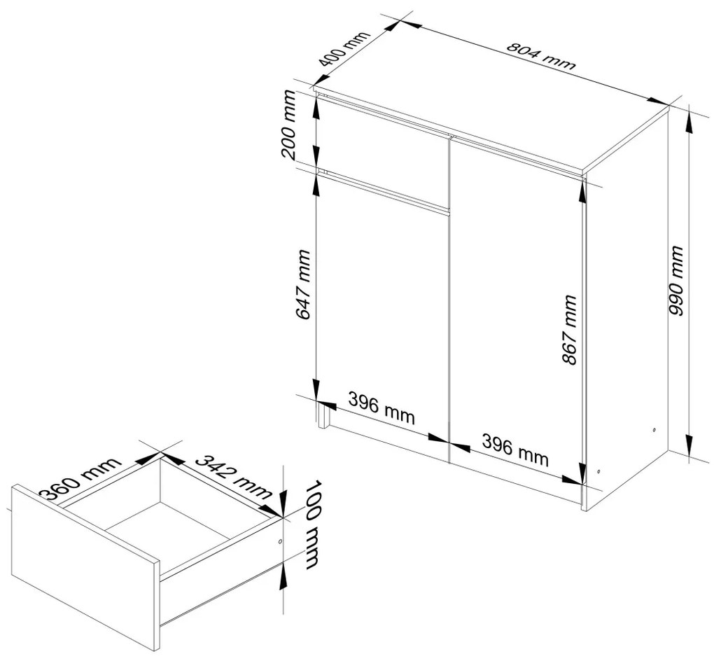 Komoda Kiara 80 cm 2 skříňky a 1 šuplík bílá/černá