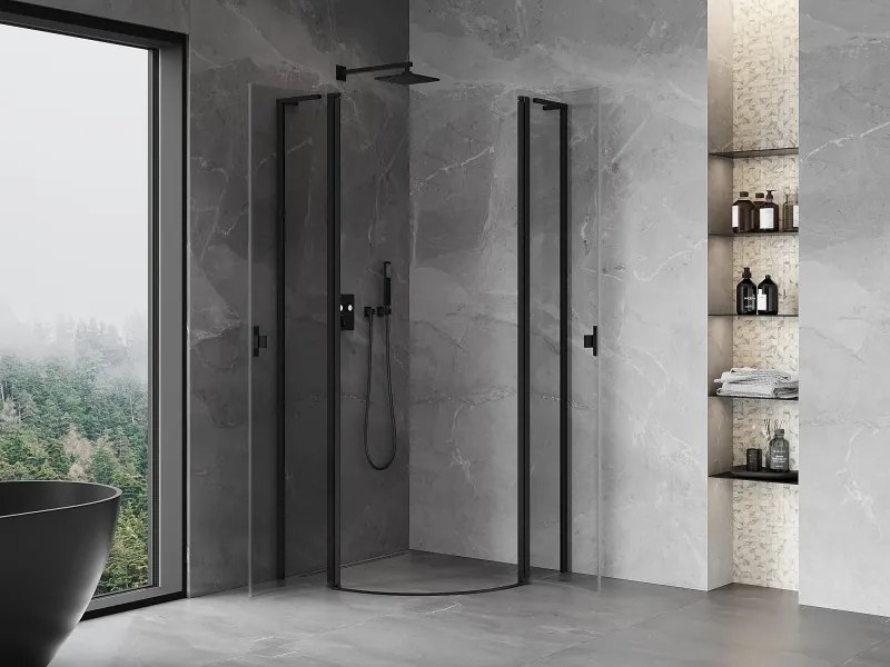 Mexen Mist L, čtvrtkruhový sprchový kout s 2-křídlými dveřmi, 100 x 100 cm, 8mm čiré sklo, černý profil, 8A32L-100-100-70-00