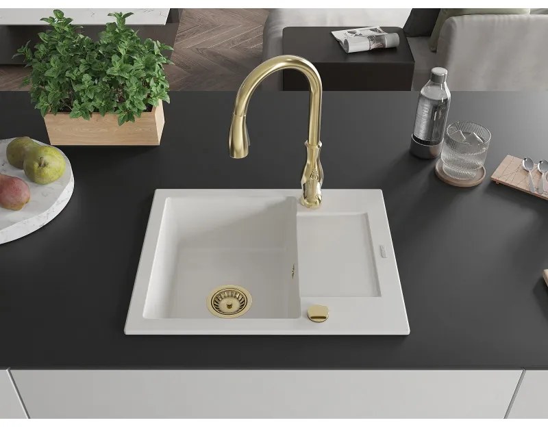 Mexen Enzo, 1-komorový granitový dřez 576x465x174 mm a dřezová baterie Savita, bílá, 6506-20-672601-50