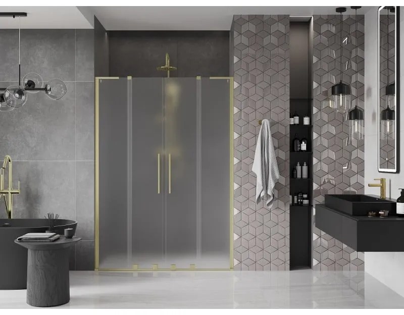 Mexen Velar L Duo, posuvné sprchové dveře do otvoru 160 cm, 8mm sklo námraza, zlatá matná, 871-160-003-32-55