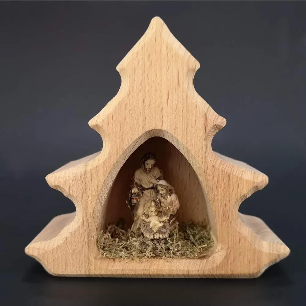 AMADEA Dřevěný betlém ve tvaru stromku s keramickými figurkami, masivní dřevo, 10x10,5x4,5 cm