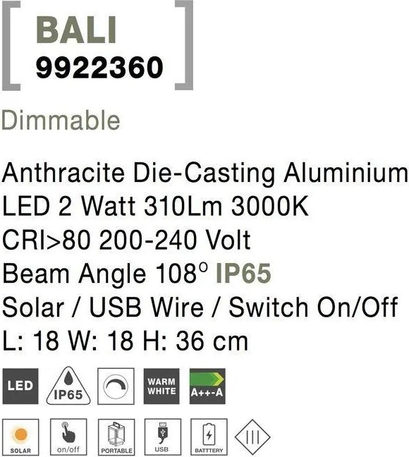 NV 9922360 Venkovní stojací lampa BALI antracitový hliník LED 2W 3000K 5V DC 108st. IP65 solární / USB kabel / vypínač na těle / stmívatelné - NOVA LUCE