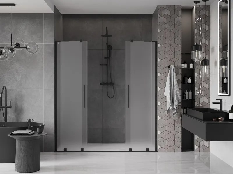 Mexen Velar L Duo, posuvné sprchové dveře do otvoru 200 cm, 8mm sklo námraza, černá matná, 871-200-003-32-70